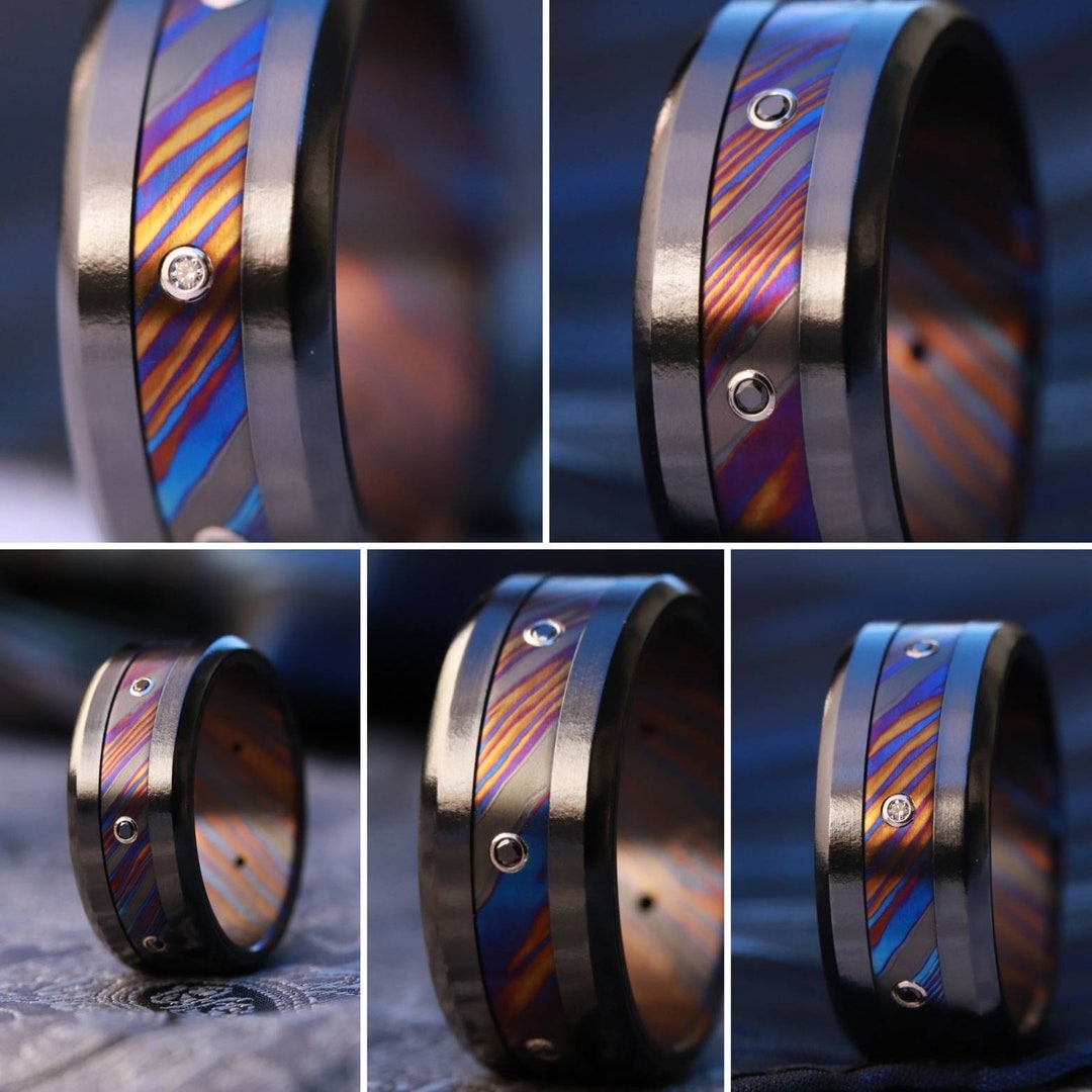 Black Diamond Ring for Men, Timascus Wedding Band, Titanium Damascus ...