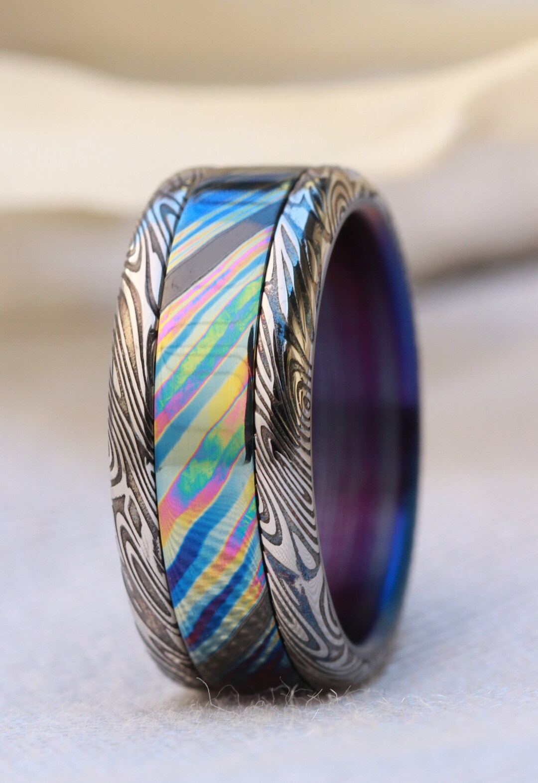 Very Limited- 8mm Black Timascus Ring Mokuti & Stainless Damascus ...