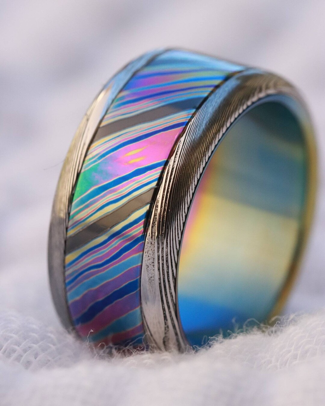 Black Timascus Damascus Steel Ring: Mokuti Titanium Wedding Band 10mm ...