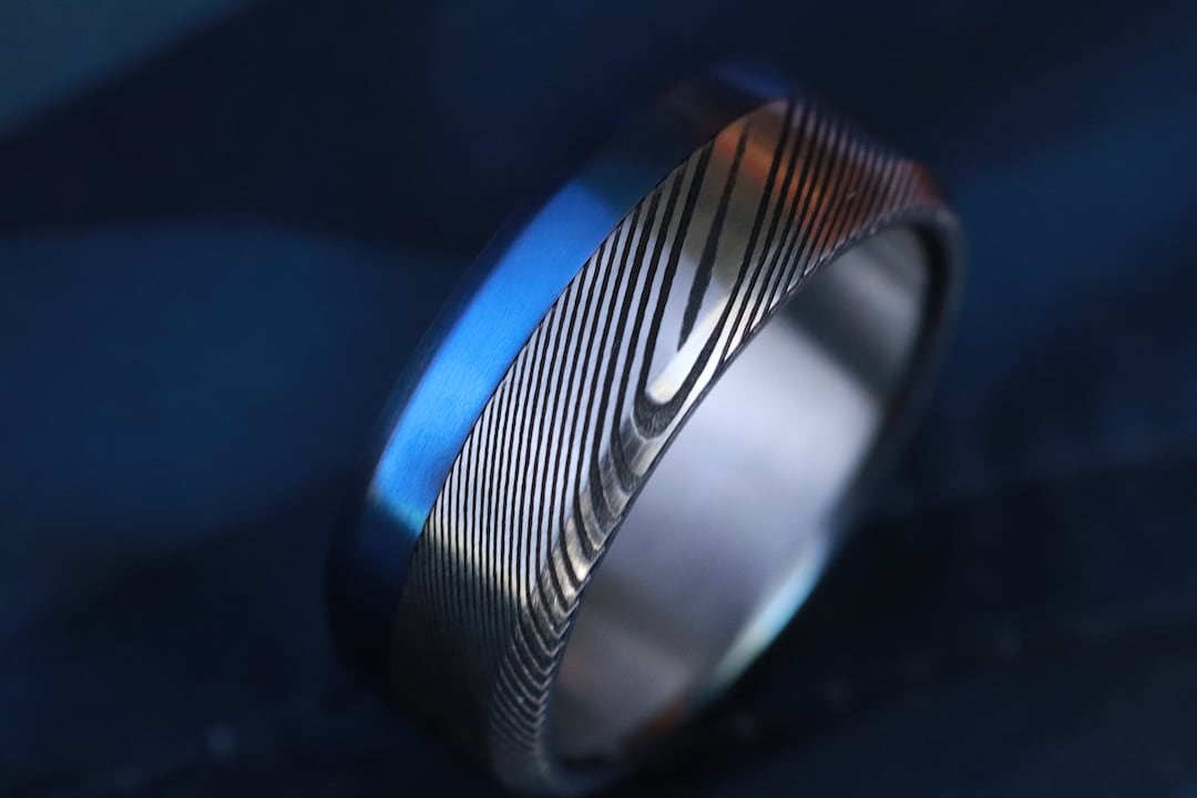Titanium & Damascus Steel Ring- Stainless Damasteel Titanium Ring, Mens ...