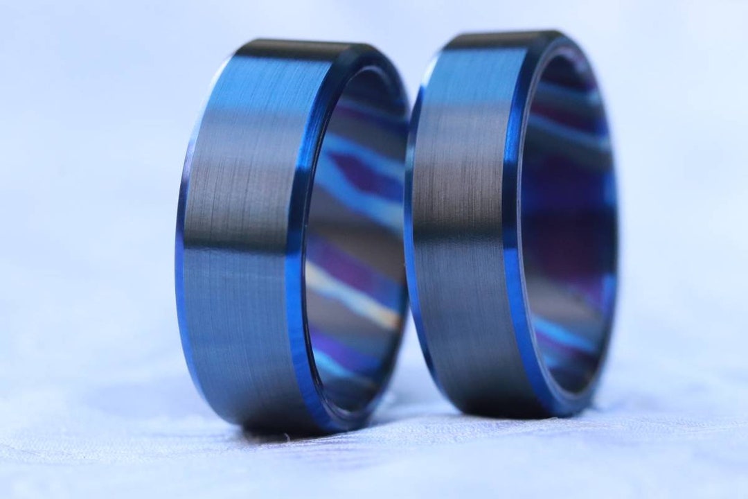 Ring Set Matching Wedding Bands, Black and Blue Titanium Ring, Deep ...