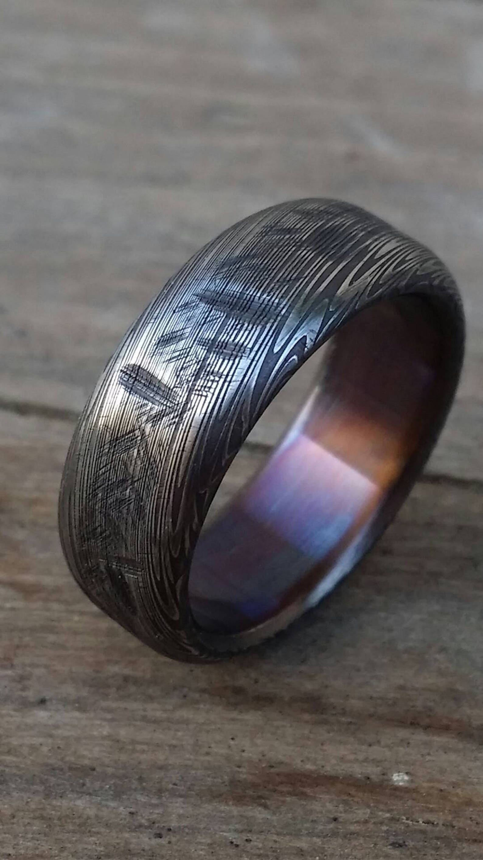 Weathered Damascus Ring Stainless Steel Damascus black & Blue Provider ...