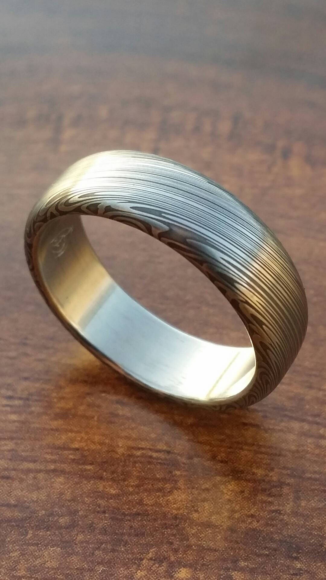 Damascus Ring Stainless Steel Damascus "leaf" Customizable Ring Light/ Medium Color Etch ...