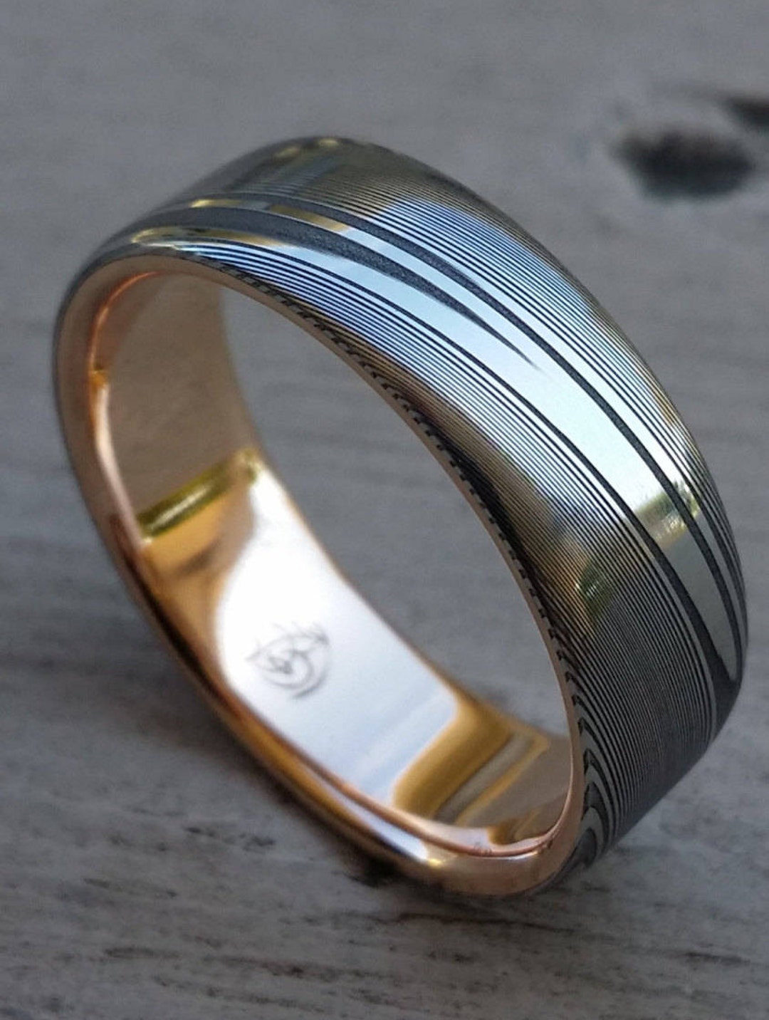 Damast Stahl Ring 18k Rose Gold & Edelstahl Damast Stahl "Dark Wood ...