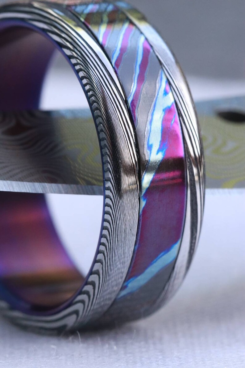 Damascus Steel Ring 8mm Black Timascus Mokuti & Stainless Black ...