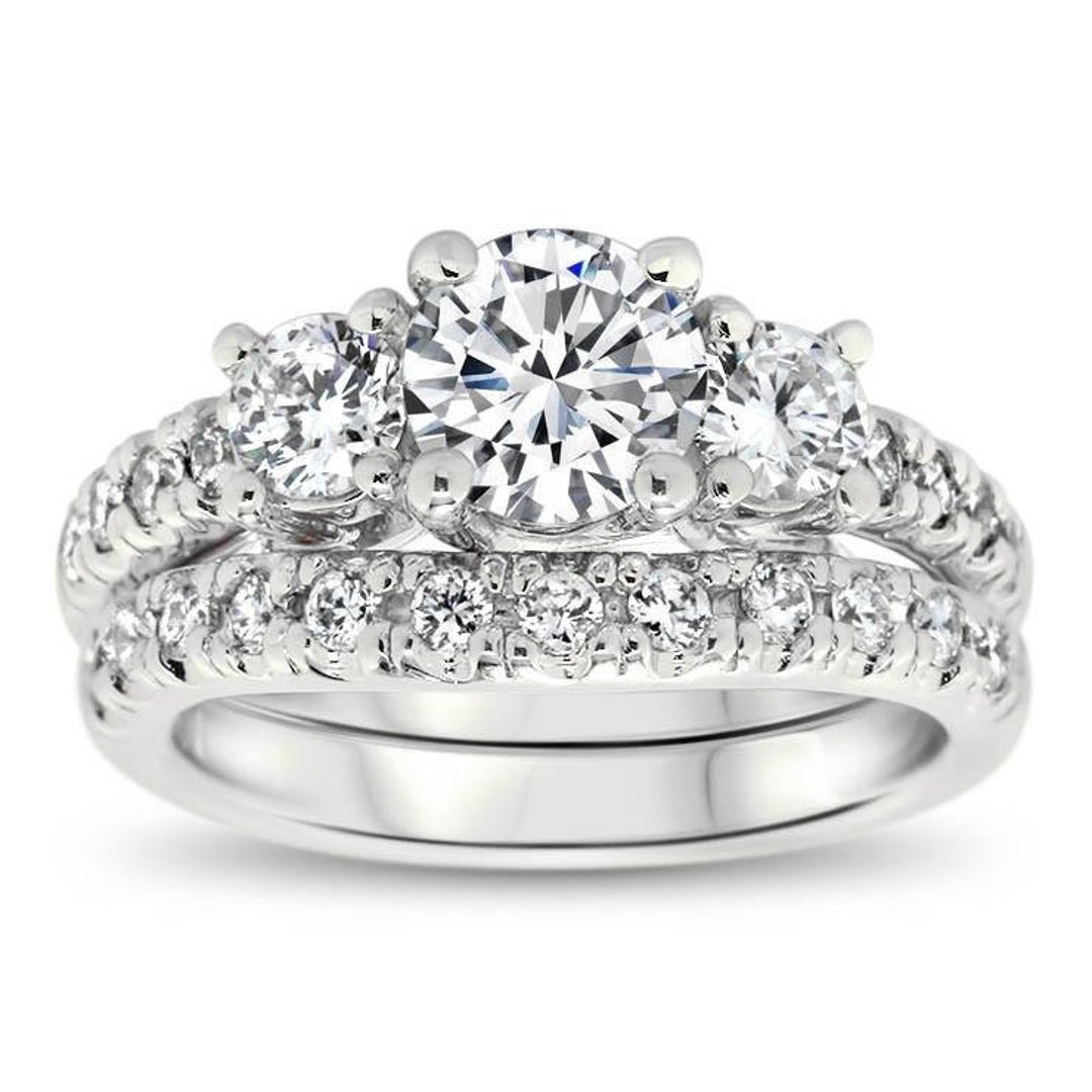Three Stone Engagement Ring Set Wedding Band and Engagement Ring ...