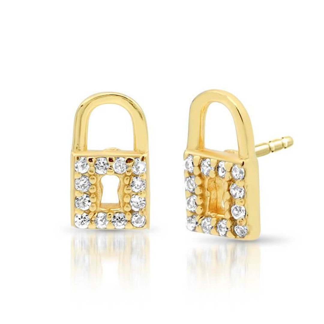 Diamond Padlock Stud Earrings, Lock Style, Gold and Diamond Earring ...