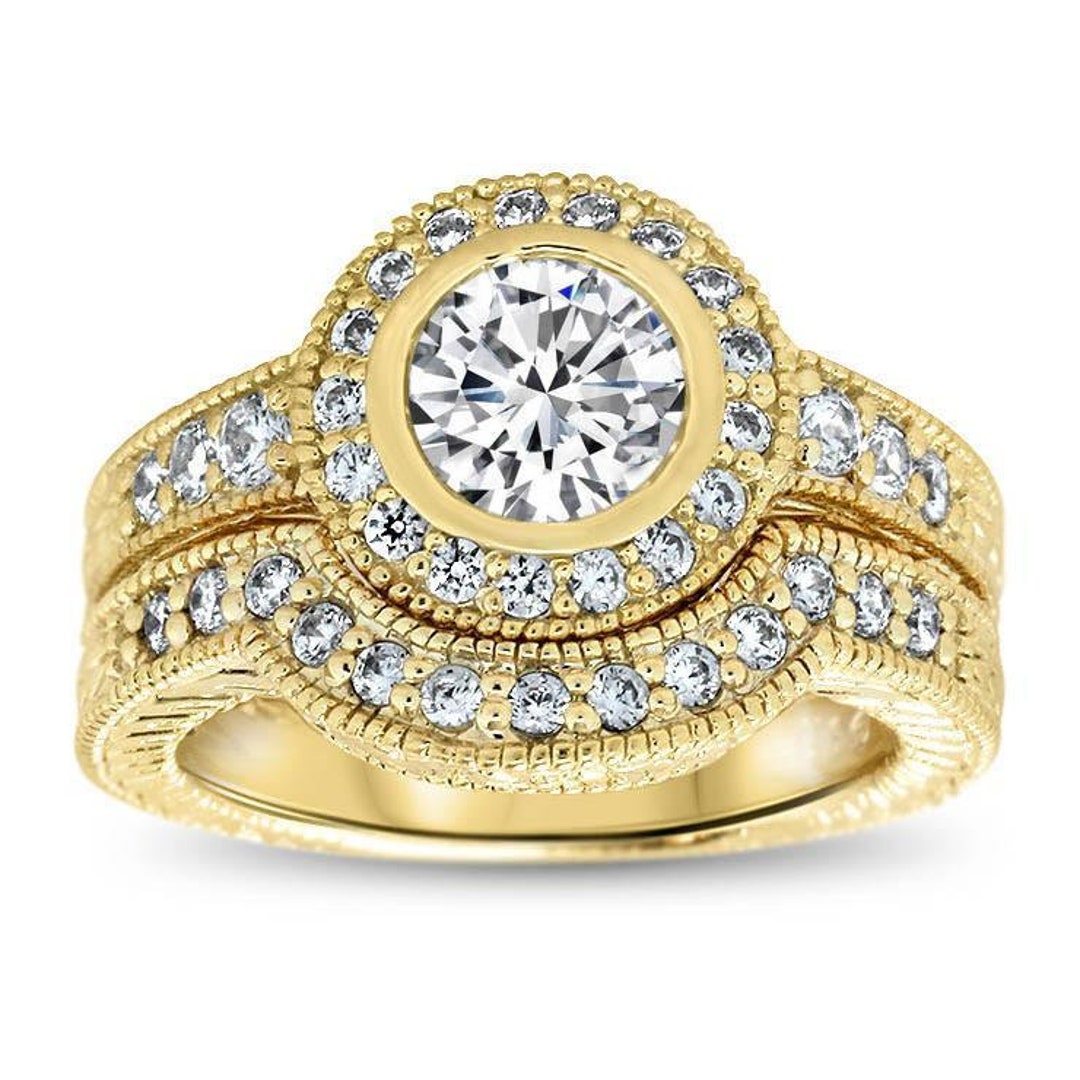 Bezel Set Diamond Engagement Ring and Matching Wedding Band - Etsy