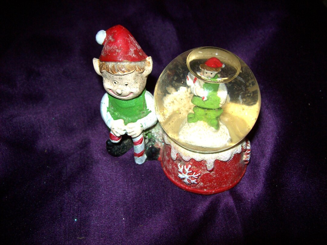Vintage Small Christmas Elf With an Elf in a Snow Globe Figurine ...