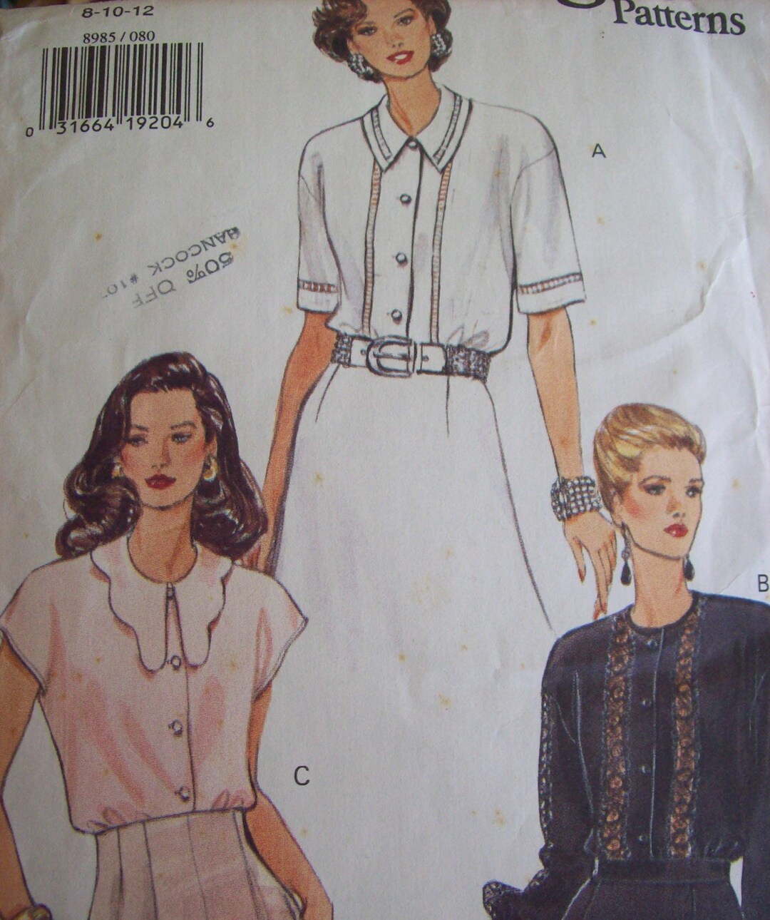 Vogue 8985 Misses Blouse Sewing Pattern 90's Era Fashions Sizes 8-10-12 ...