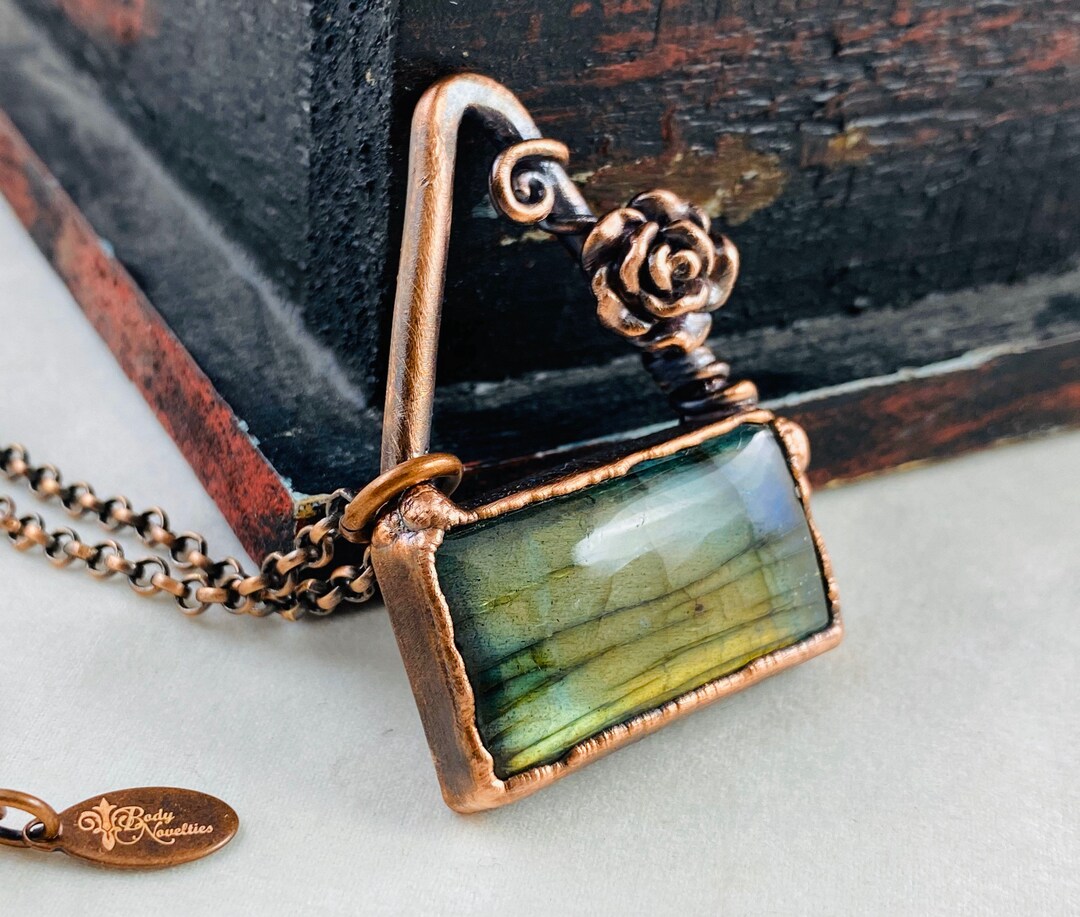 Electroformed Labradorite and Flower Pendant Necklace, Copper Necklace ...