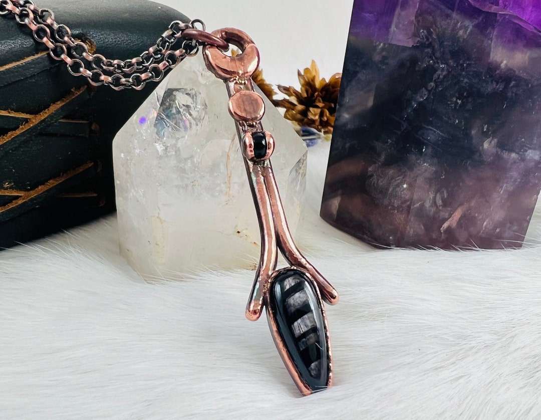 Hypersthene Necklace, Black Hypersthene Jewelry, Black Jewelry, Copper ...
