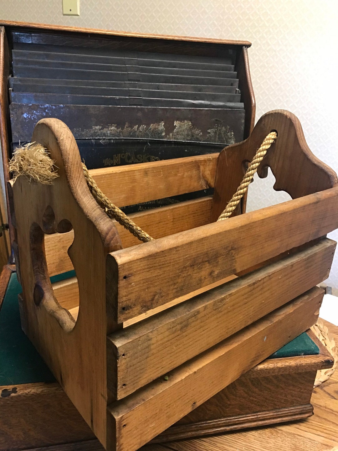 Vintage Heavy Wood Box With Apple Design Rope Handles - Etsy
