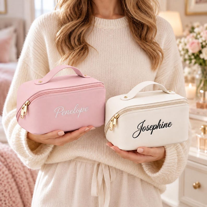 Personalized Embroidered Leather Makeup Bag, Large Travel Organizer ...