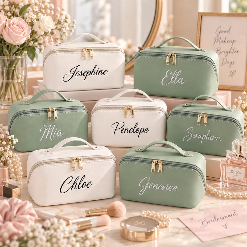 Personalized Embroidered Leather Makeup Bag, Large Travel Organizer ...