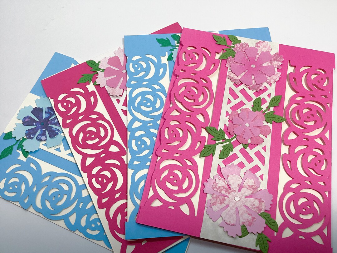Pink Blue Roses Flower Cards All Occasion Fancy Note Cards Set of Blank ...
