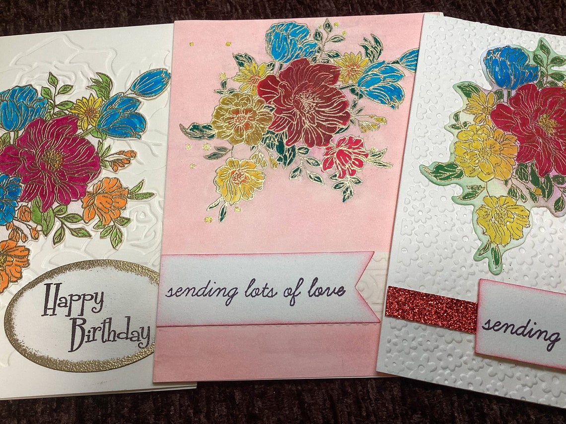 Gold Embossed Flower Notecards Set of 3 Floral Arrangement - Etsy