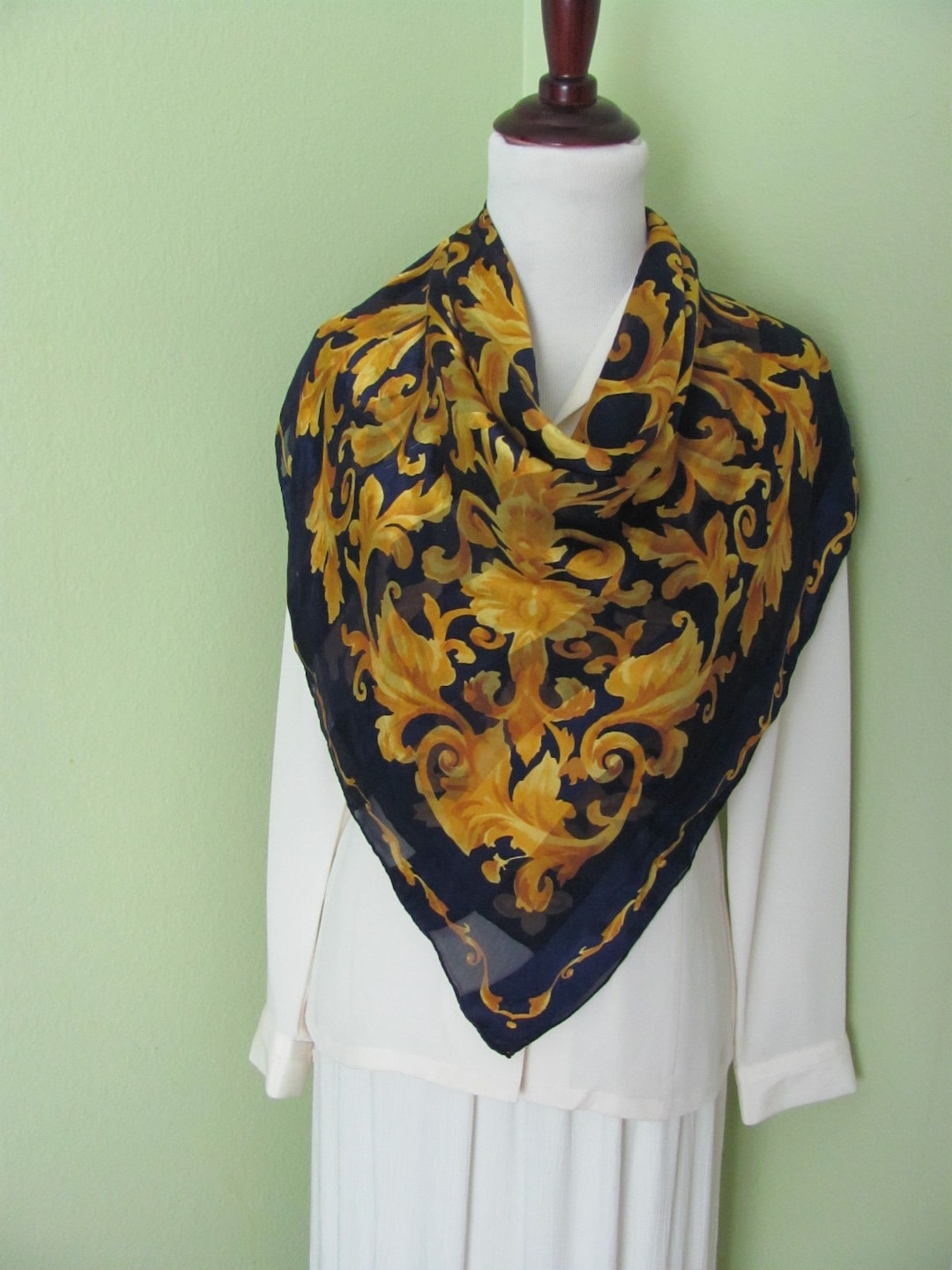Lightweight Black Gold Sheer Soft Silk Scarf 33 Square Affordable ...