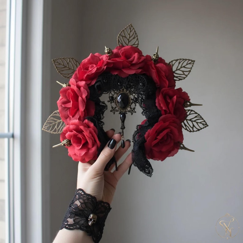Gothic Rose Crown, Black Red Halloween Headpiece, Witch Crown, Dark ...