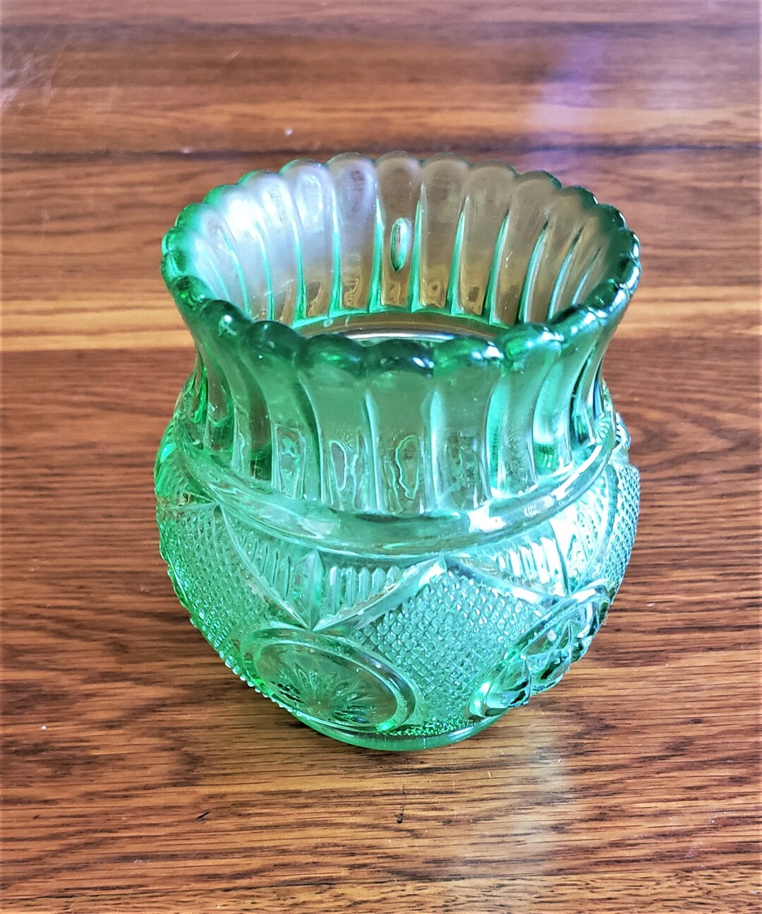 Green Cut Glass Floral Vase Cut Glass Jar Eapg Designs Green Glass Vase Etsy
