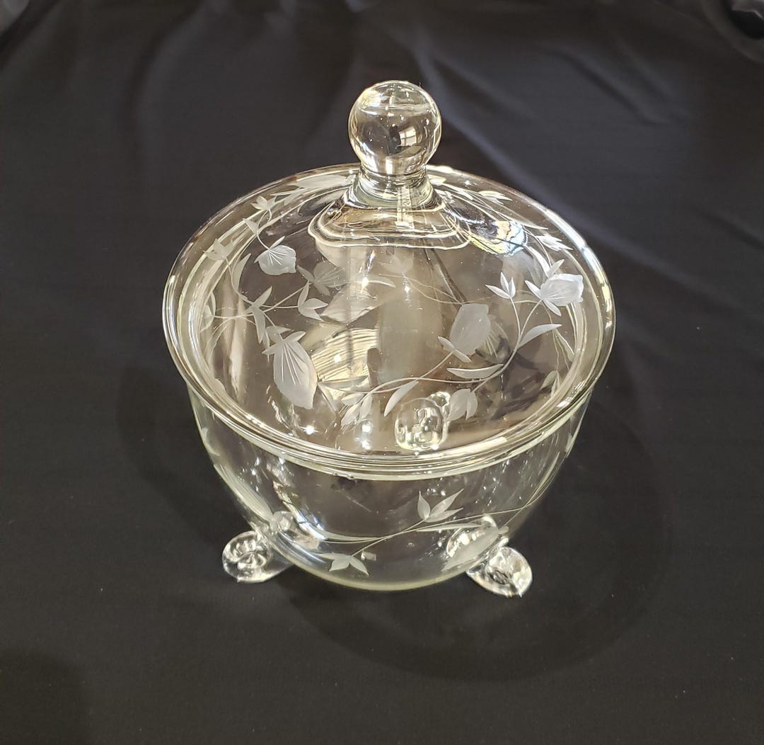 Vintage Etched Glass Candy Dish-etched Floral Pattern Compote-footed ...