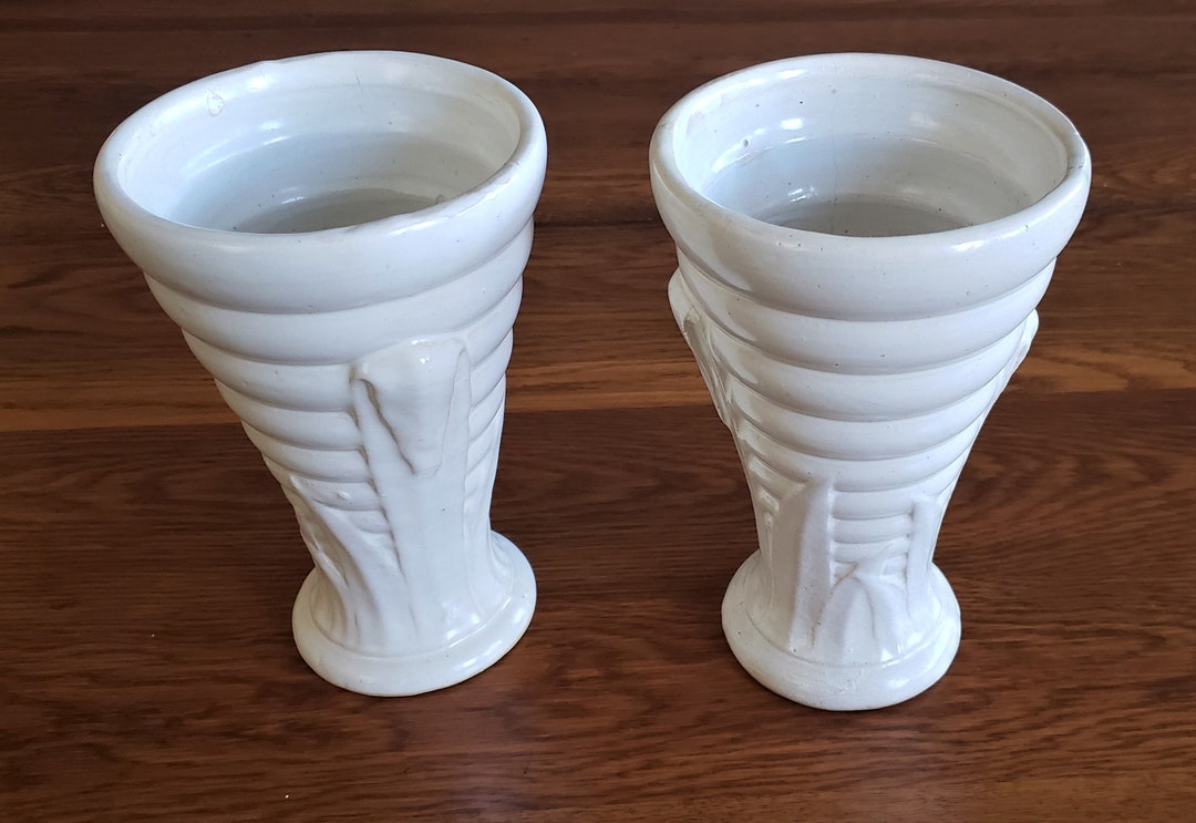 White Ceramic Leaf Pattern Vases-set of Two - Etsy