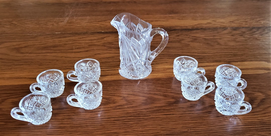 Miniature Cut Glass Pitcher and 8 Matching Cups - Etsy