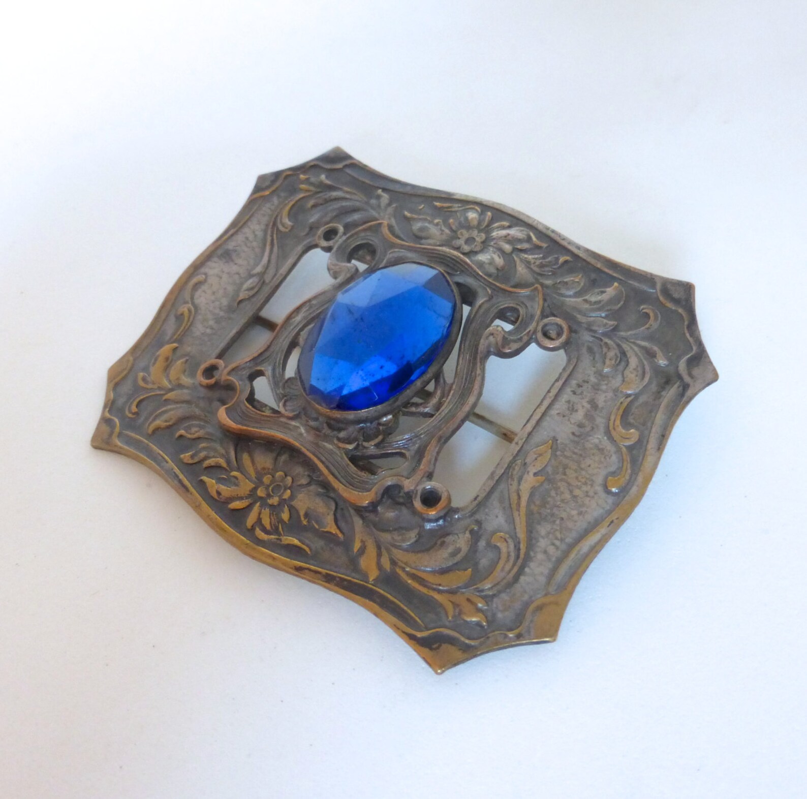 Victorian Silver and Brass Floral Sash Ornament Pin With Faceted Oval ...