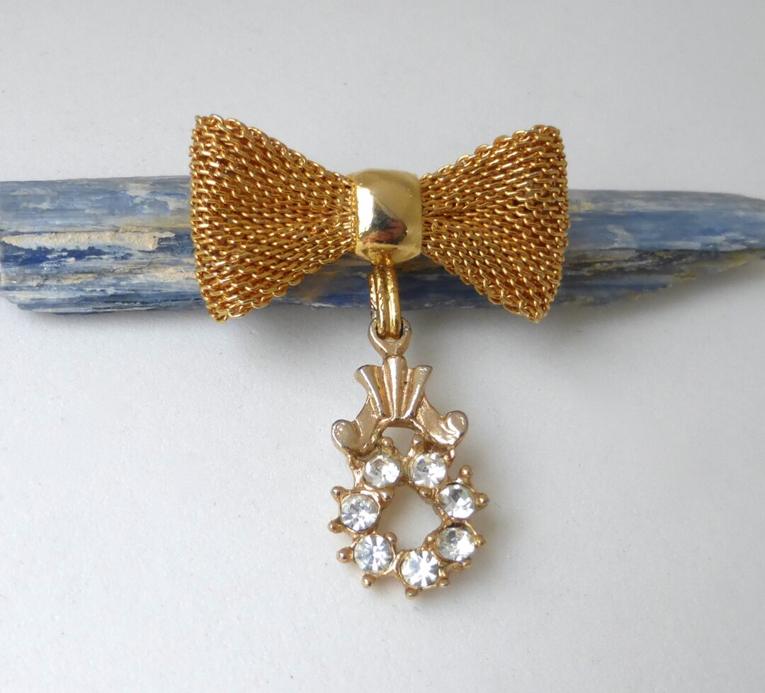 1960's Repurposed Vintage Gold Mesh Bow With 1940's Pierced Rhinestone ...
