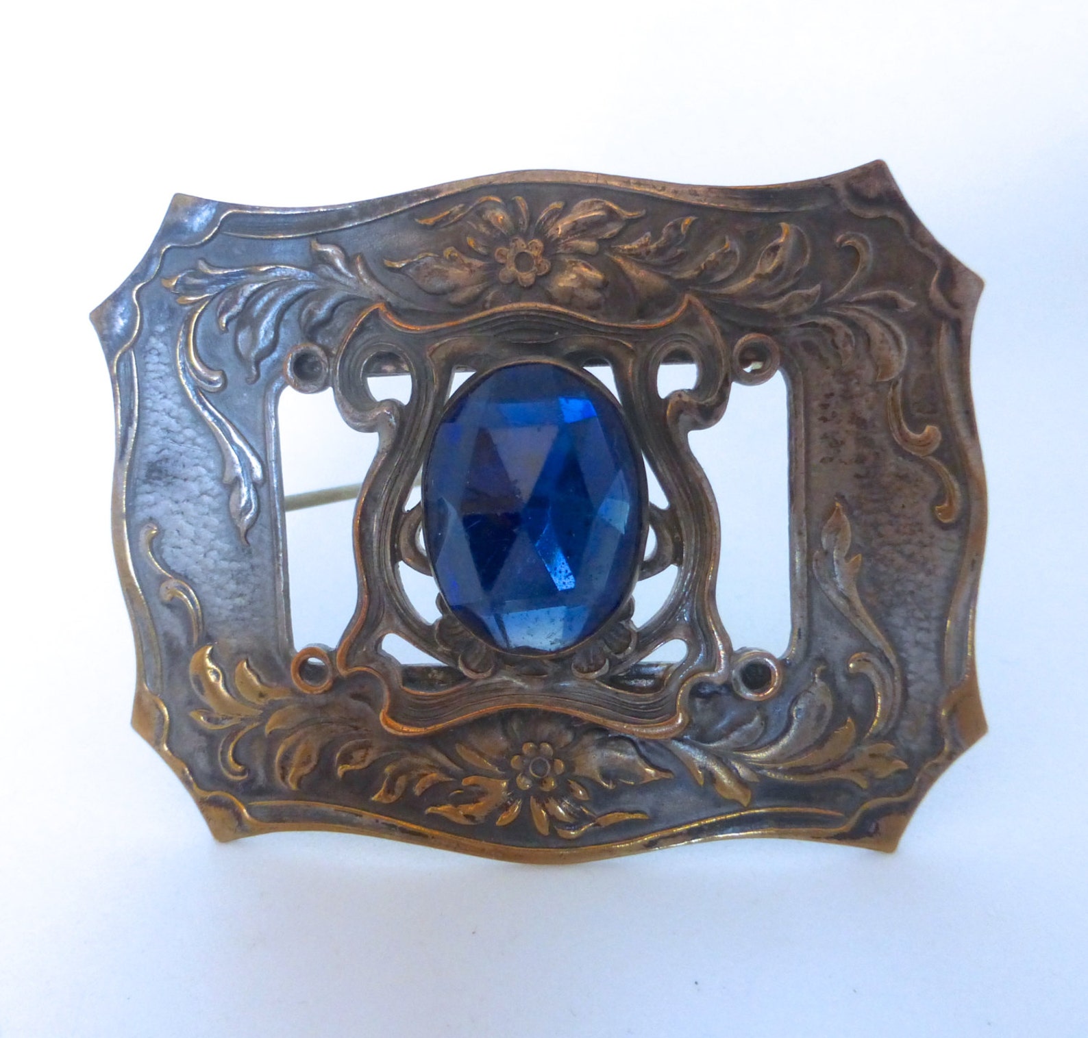 Victorian Silver and Brass Floral Sash Ornament Pin With Faceted Oval ...