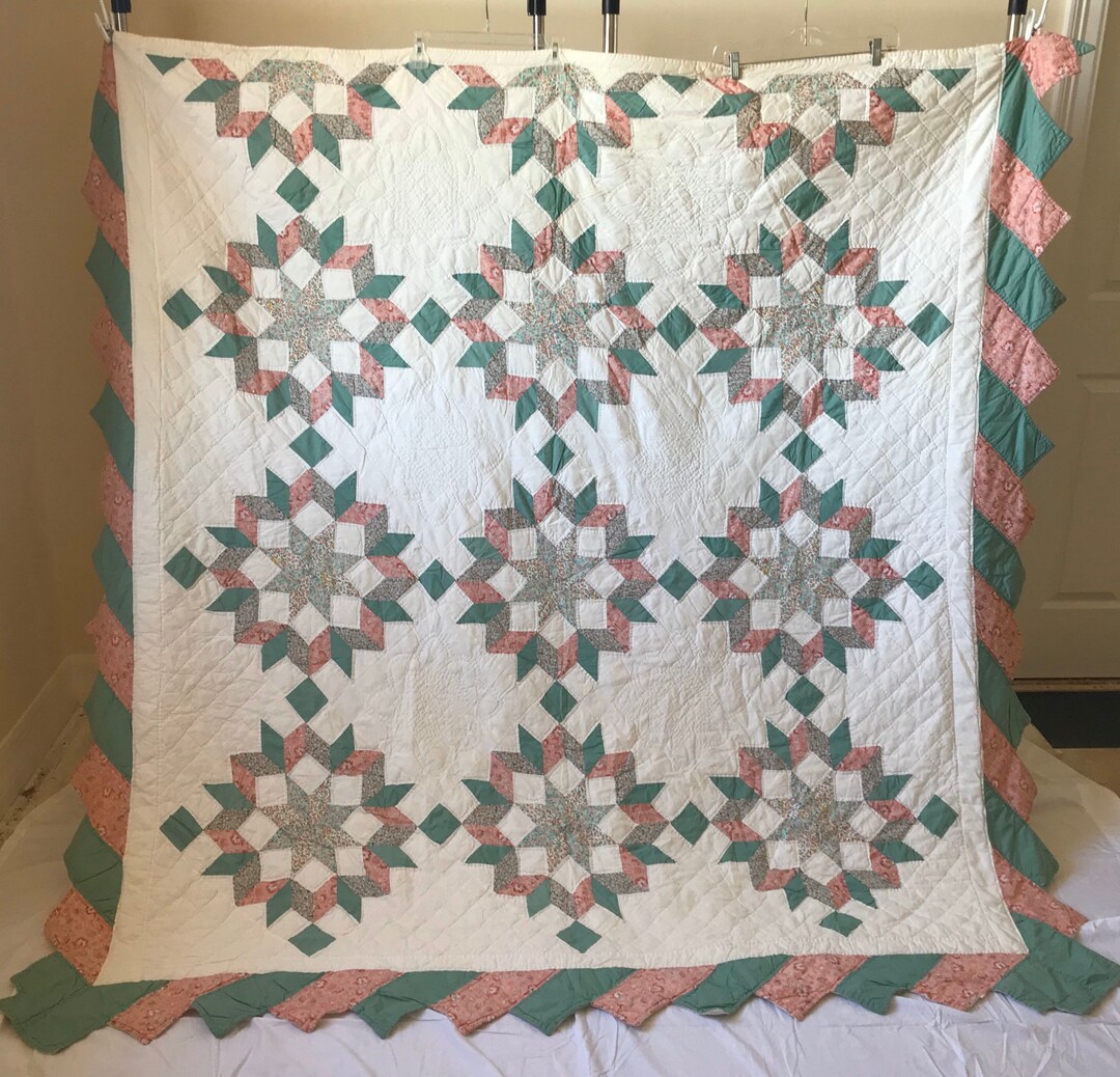 Handcrafted Star Quilt Pink Green Beige Calico Farmhouse - Etsy