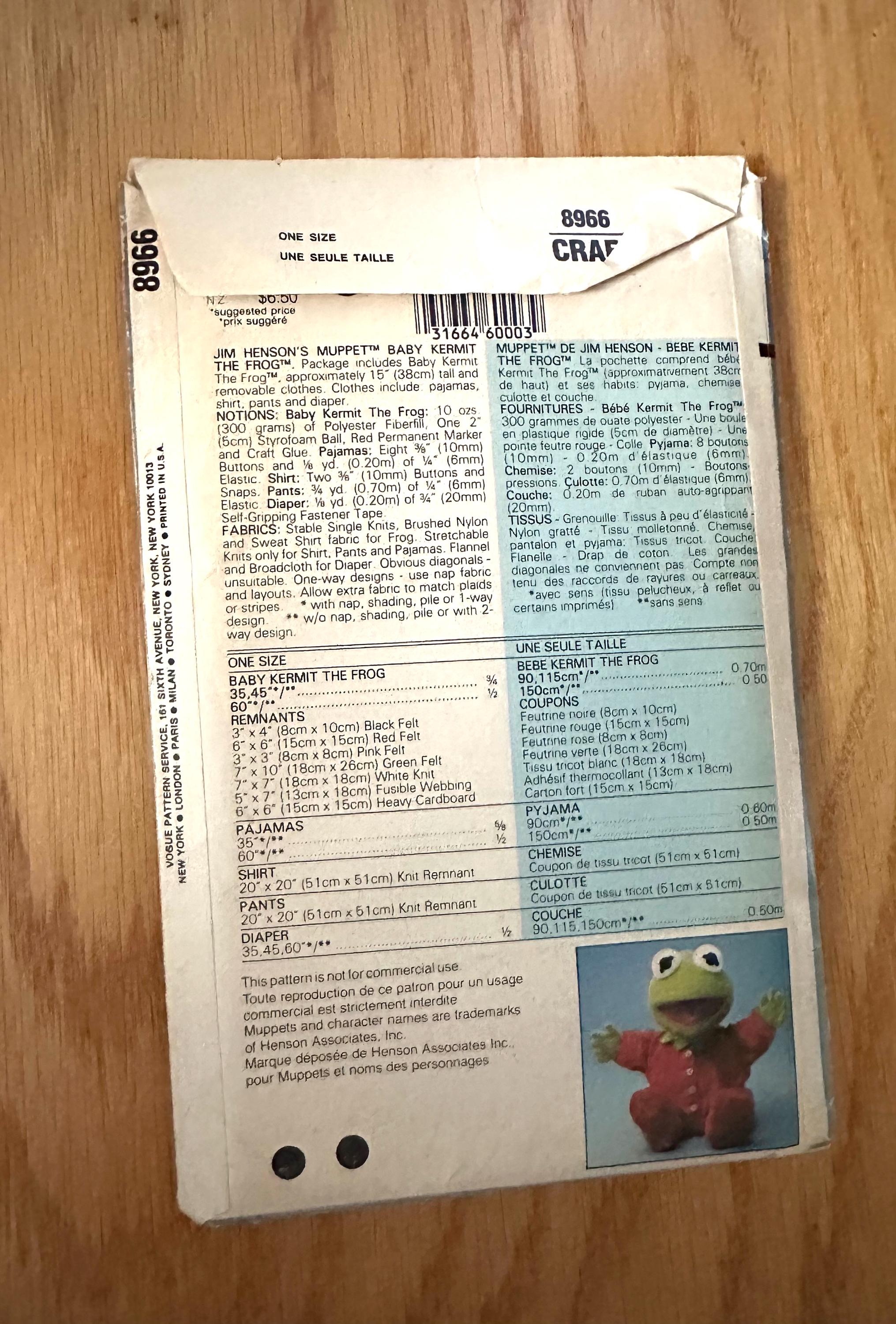Vogue Pattern Jim Henson Muppet Babies Kermit Doll Stuffed Animal and ...