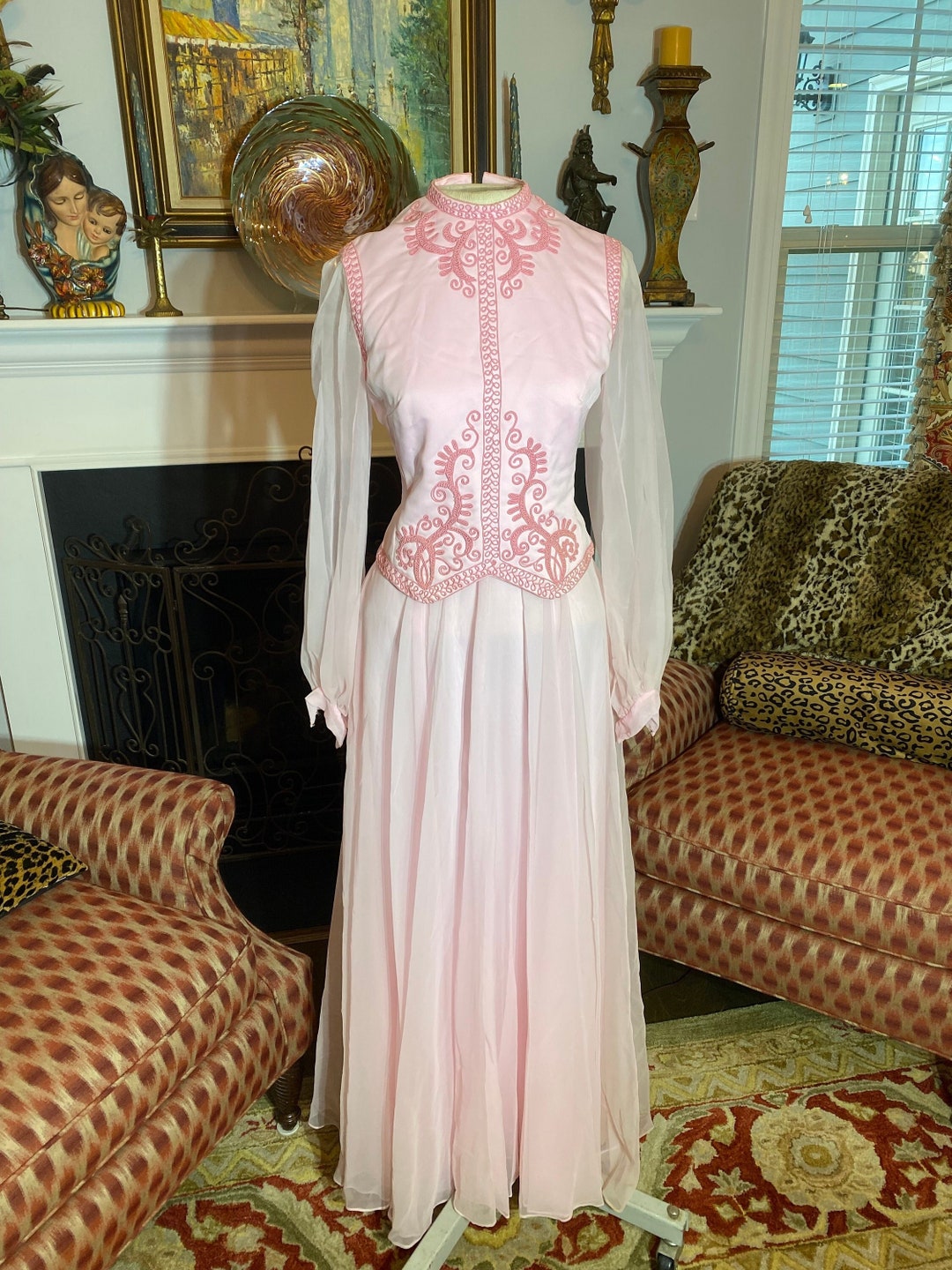 Vintage 1970s Jack Bryan Pink Embroidered Mother-of-the Bride Dress-pink Scrolled Accents-long ...