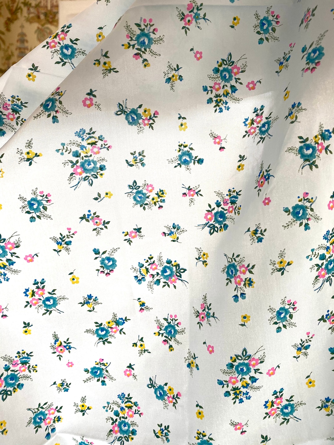 1960s Dacron Semi Opaque Floral Fabric-pale Blue Floral Dacron-vintage ...