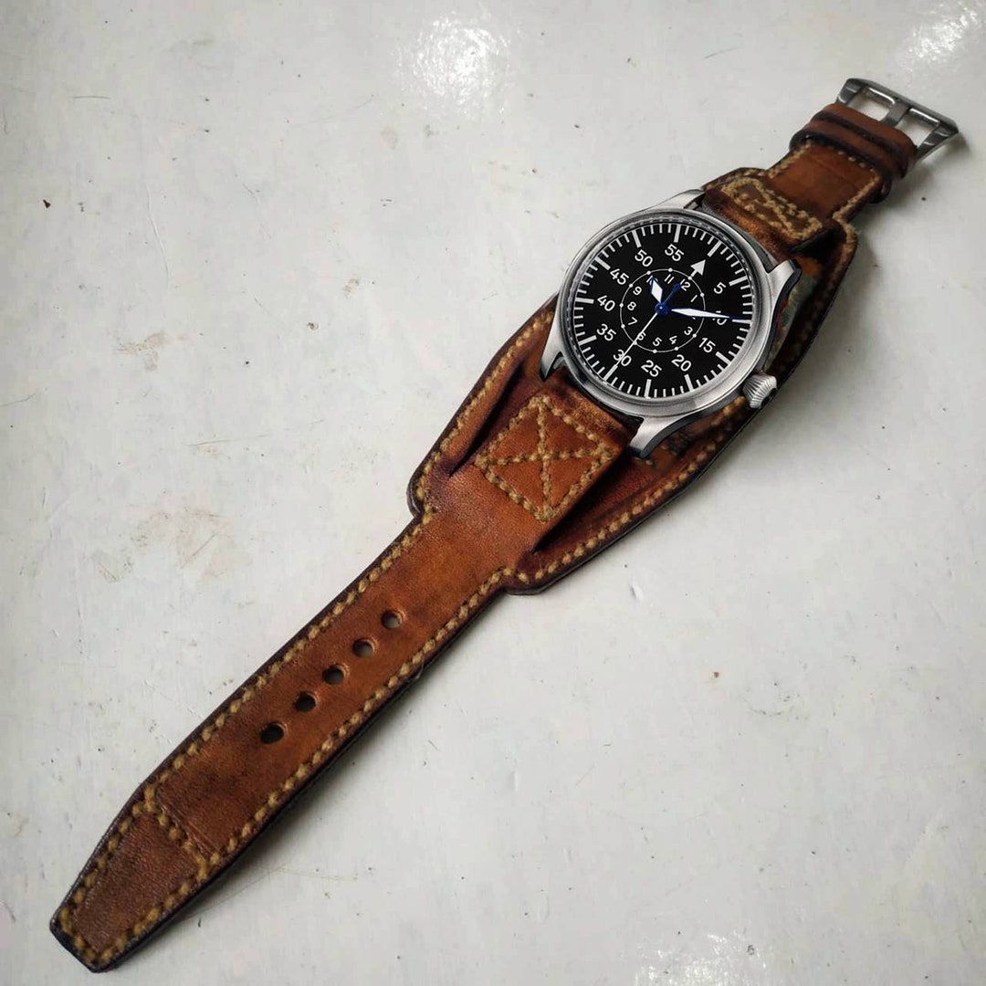 Handmade Pilot Vintage Style Leather Fixed Bund Strap Band With Buckle ...