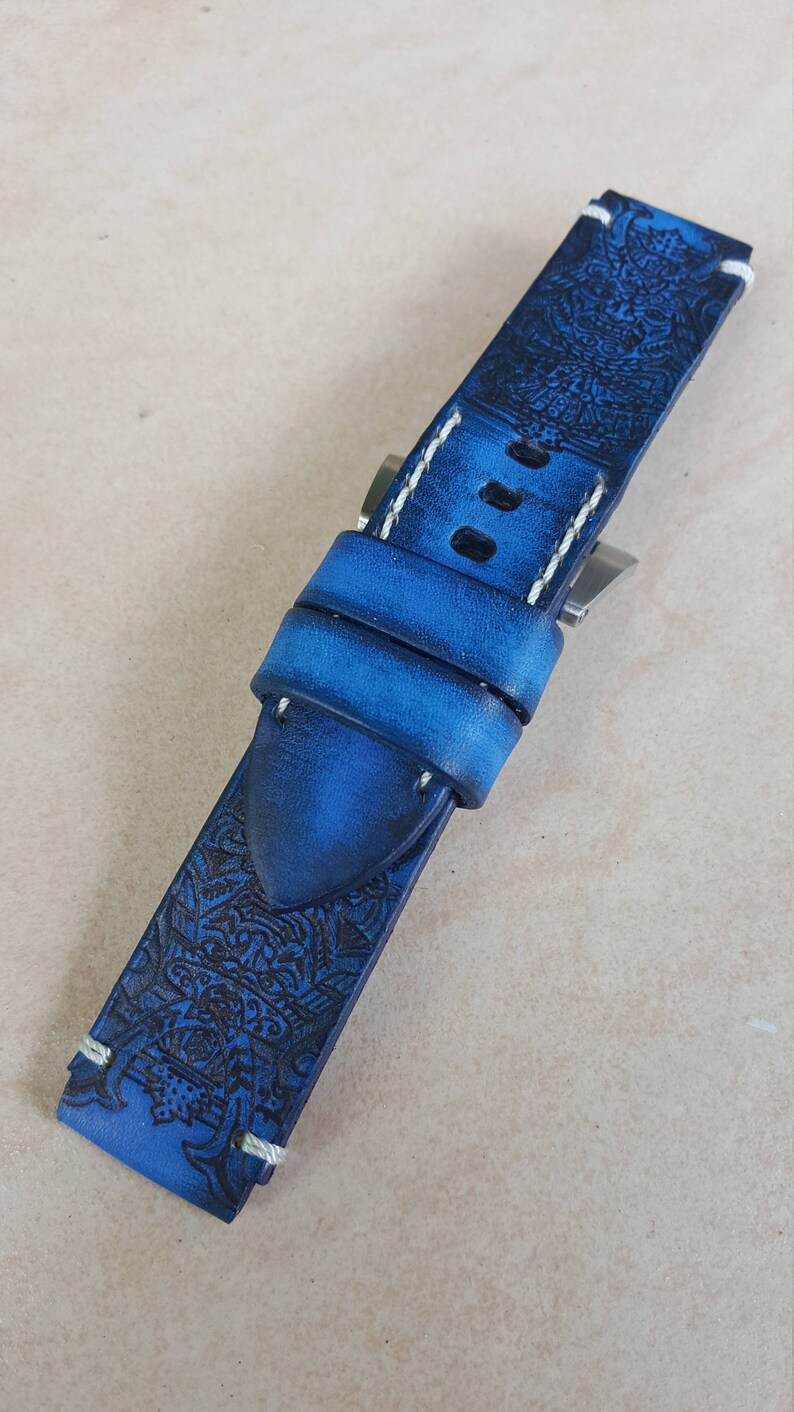 Handmade Blue Leather Samurai Hand Drawn Watch Strap Free Buckle. - Etsy