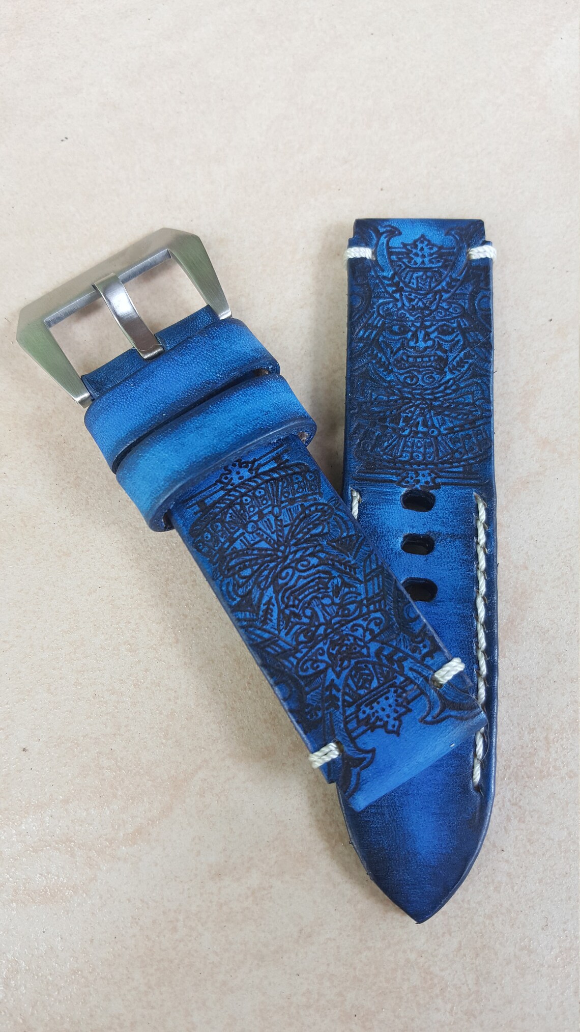 Handmade Blue Leather Samurai Hand Drawn Watch Strap Free Buckle. - Etsy