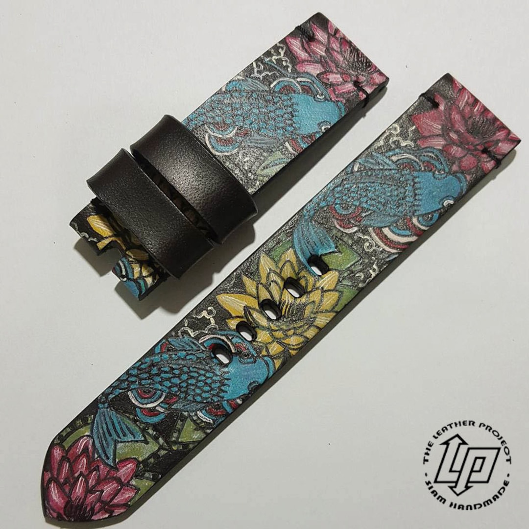 100% Handmade Hand Paint Japanese Carp Koi Art Watch Strap Free Buckle ...
