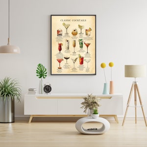 Classic Cocktails Chart Print With Recipes: Man Cave Decor ...