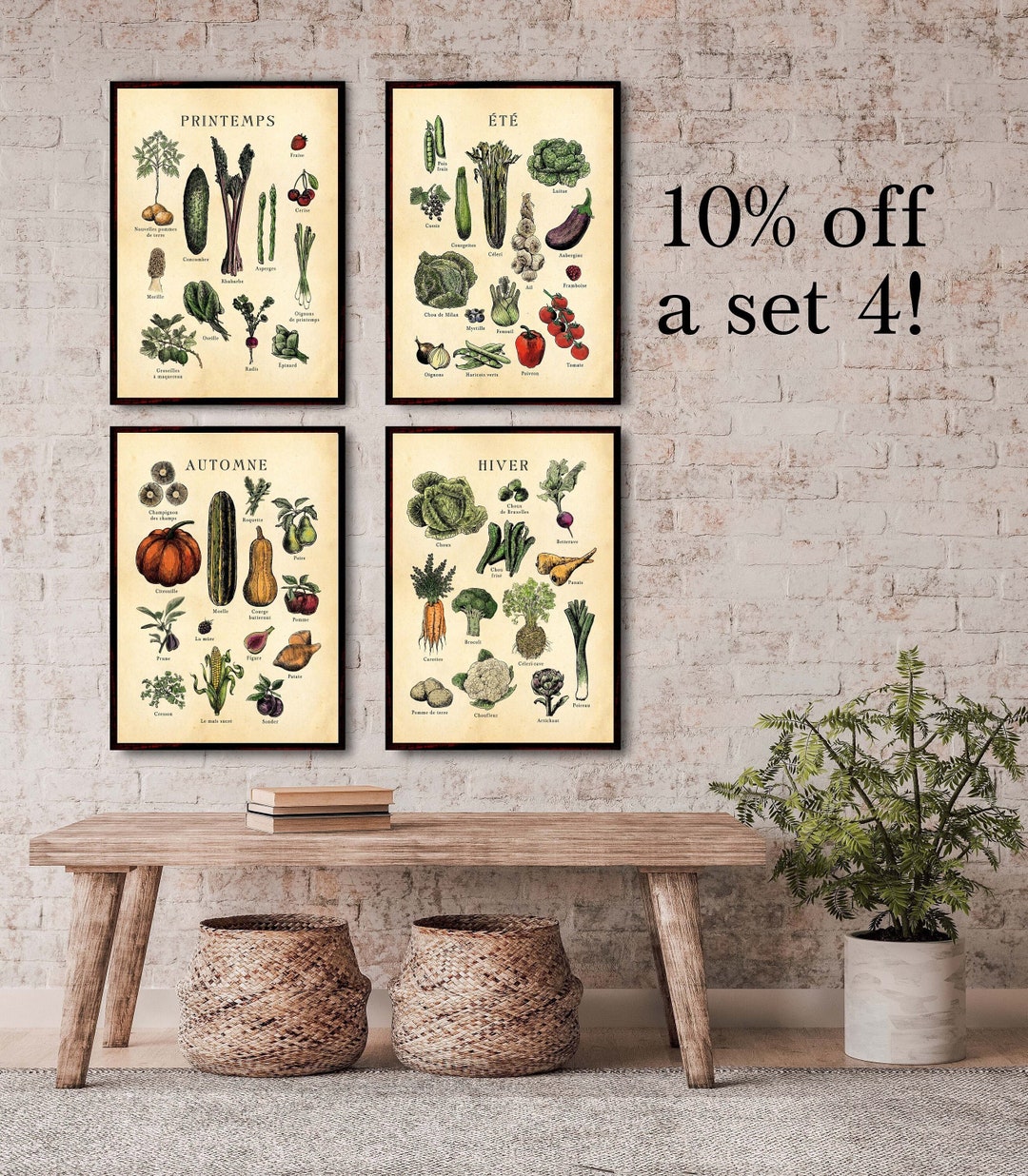 FRENCH Seasonal Fruit and Vegetable Chart Print, Vintage Etching Prints ...
