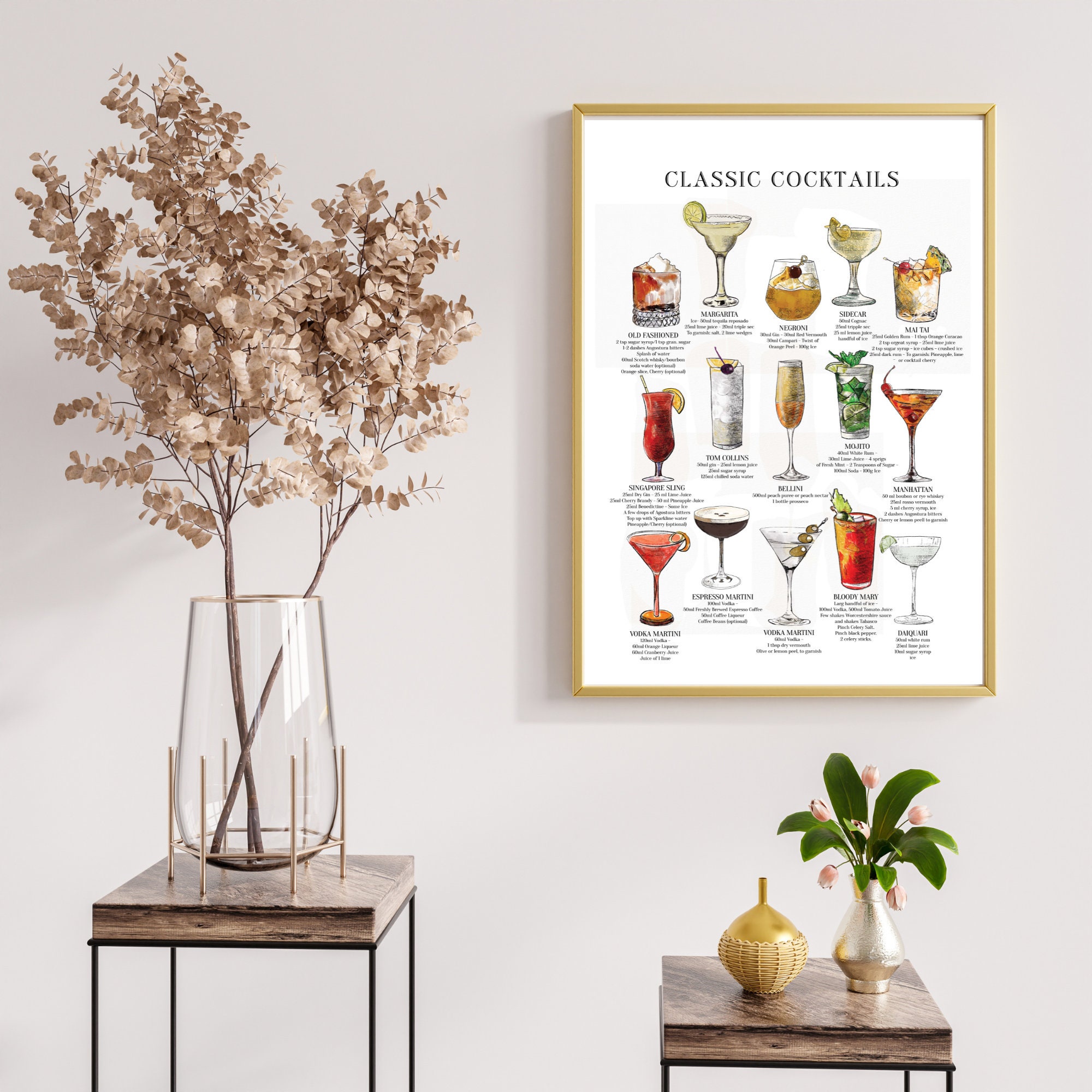 Classic Cocktails Chart Print With Recipes: Man Cave Decor ...