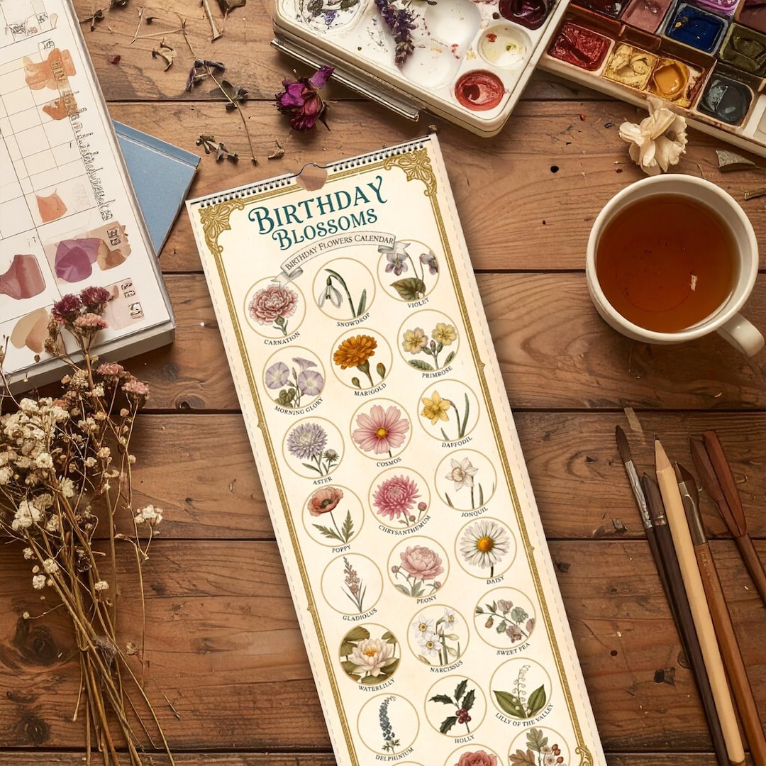 Birthday Blossoms Perpetual Calendar, Vintage Botanical Birth Flower ...