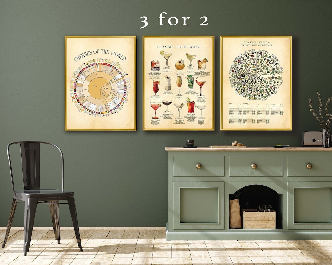 Vintage Kitchen Chart Prints, 3 for 2, Cheese, Seasonal Veg Calendar ...