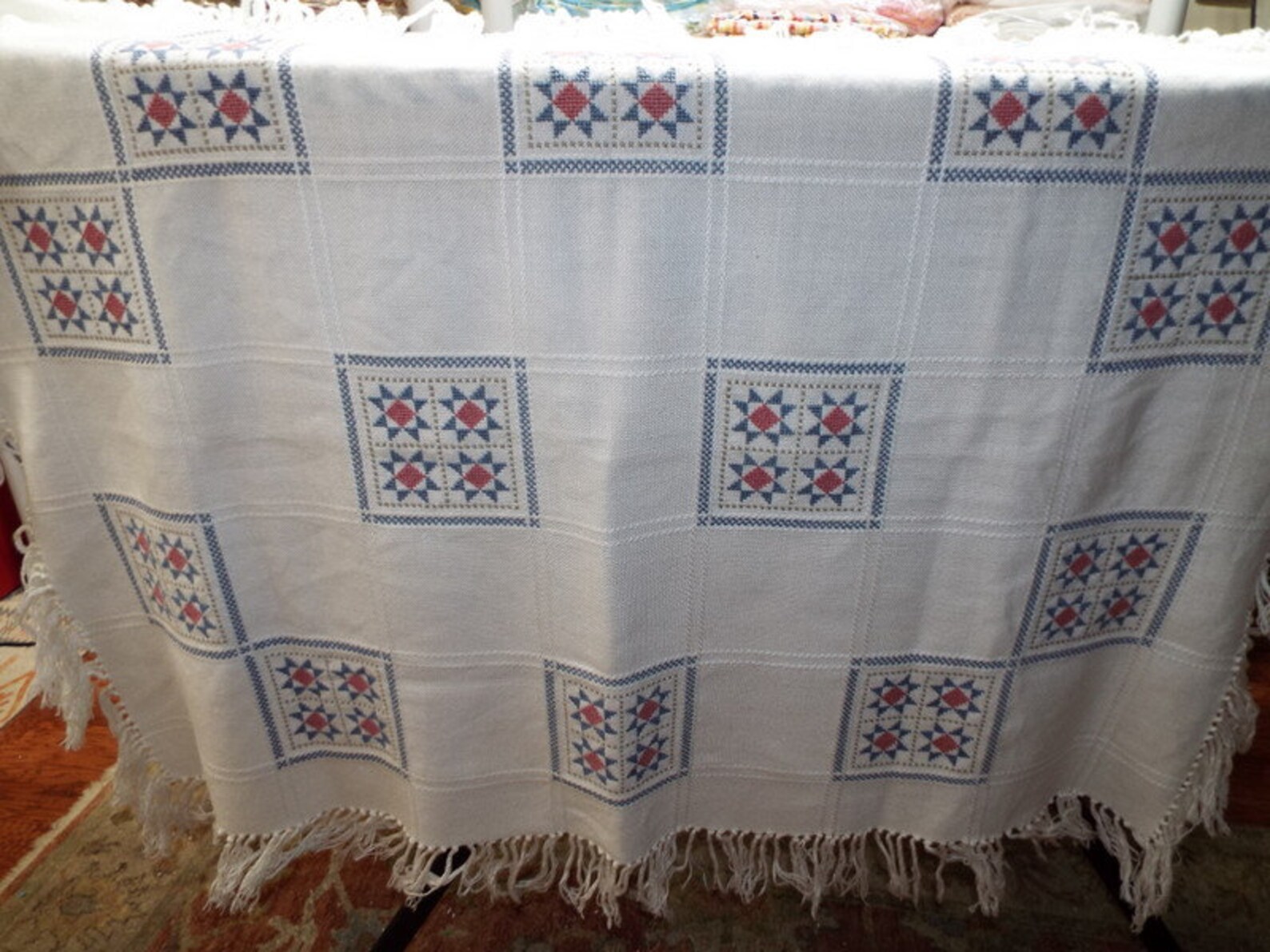 Vintage Needlepoint Tablecloth Quilt Square Pattern Blue Rose | Etsy