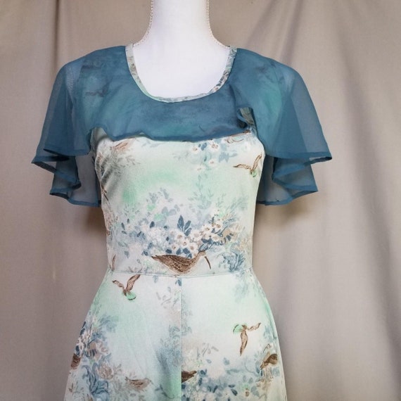 handmade vintage 70s caplet blue sea bird print Maxi … - Gem