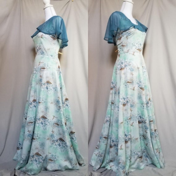 handmade vintage 70s caplet blue sea bird print Maxi … - Gem