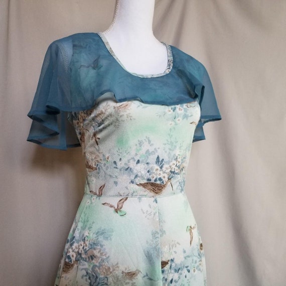 handmade vintage 70s caplet blue sea bird print Maxi … - Gem