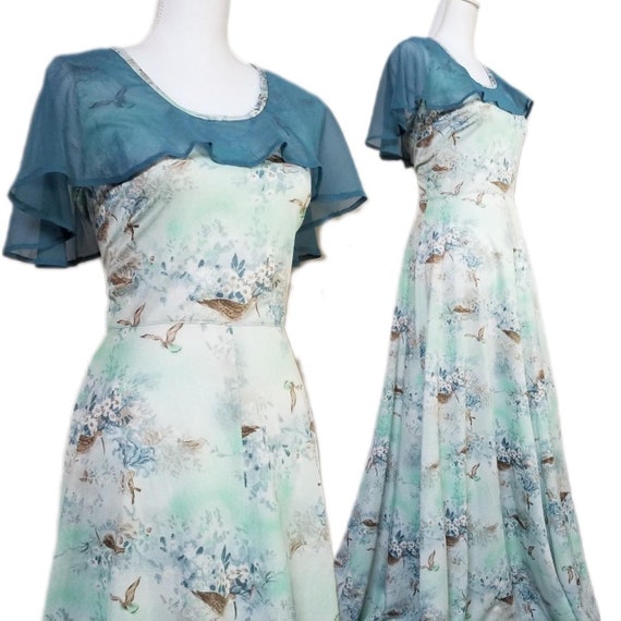 handmade vintage 70s caplet blue sea bird print Maxi … - Gem