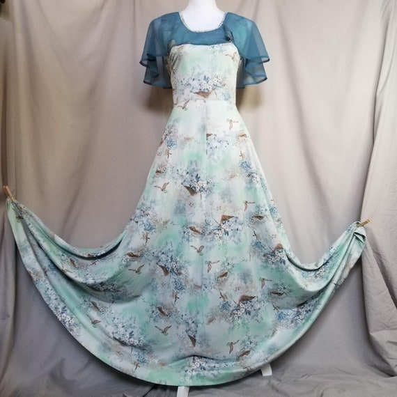 handmade vintage 70s caplet blue sea bird print Maxi … - Gem