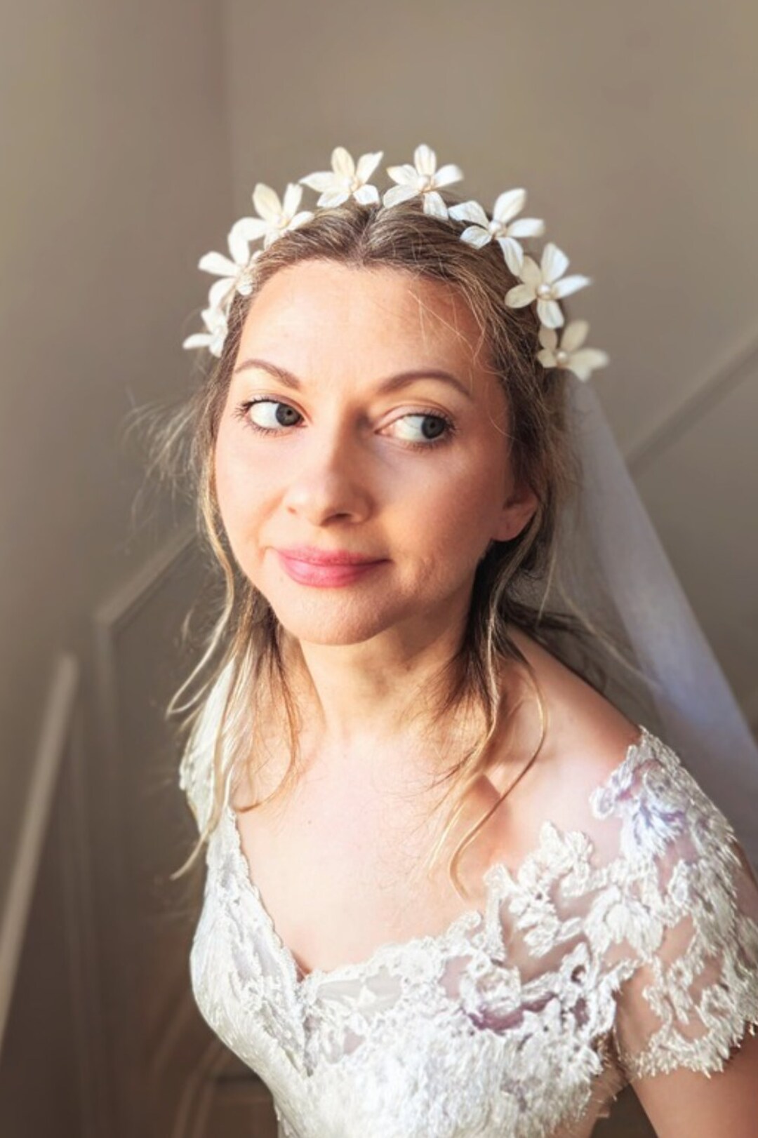 White Daisy Tiara With Pearls Boho Bridal Hair Accessory Ivory Floral ...